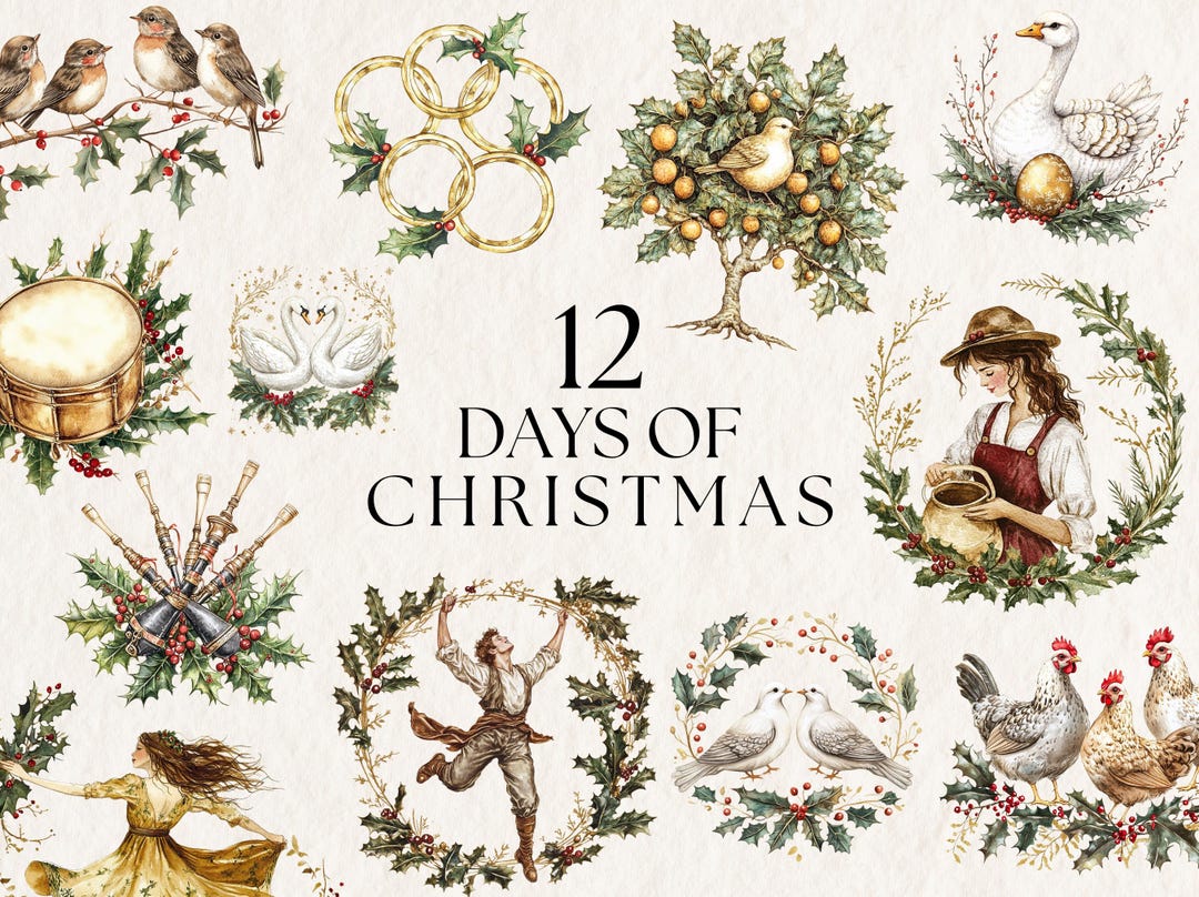 12 Days of Christmas Clipart, Festive Holly Decor, Cozy Rustic ...