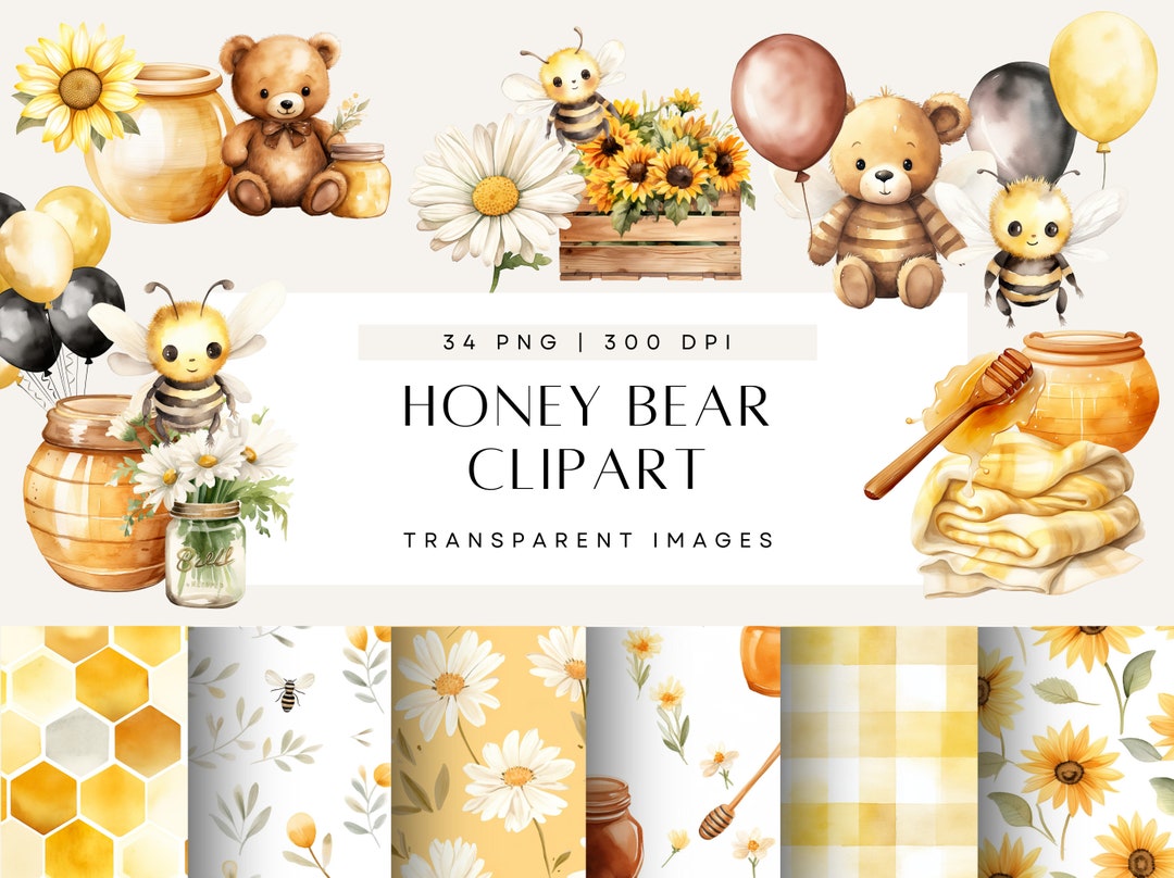 Honey Bear Watercolor Digital Clipart, Bear and Bee Baby Shower Clip ...