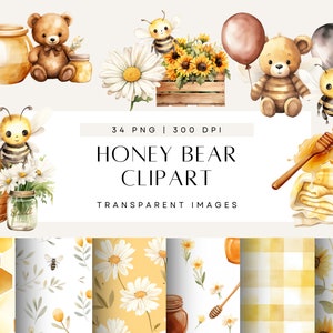 Honey Bear Watercolor Digital Clipart, Bear and Bee Baby Shower Clip ...
