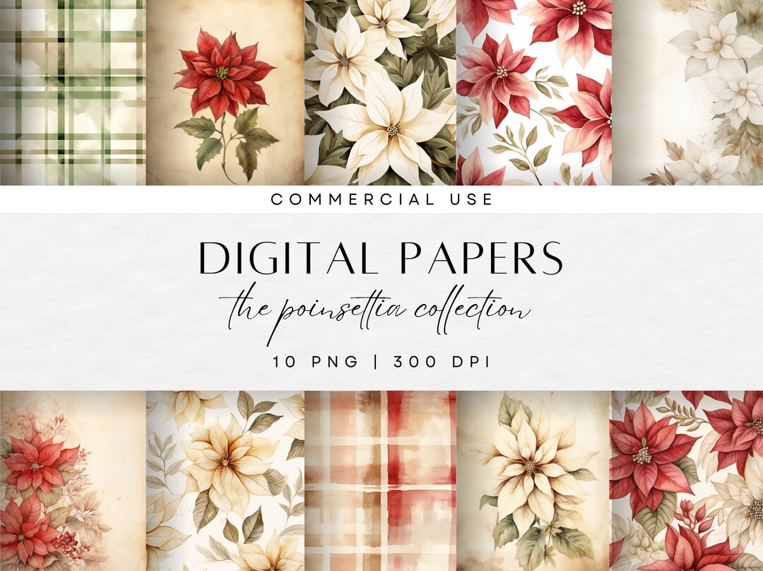 Poinsettia Scrapbook Digital Paper, Christmas Flowers, Vintage Papers ...