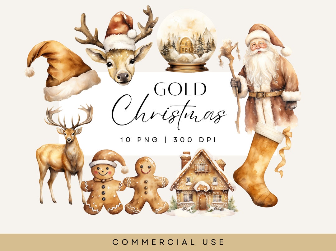 Gold Christmas Clipart, Classic Xmas Clip Art, Gingerbread, Reindeer ...