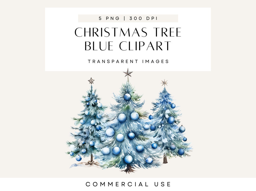 Blue Christmas Clipart, Watercolor Tree Clip Art, Xmas Trees, Festive ...