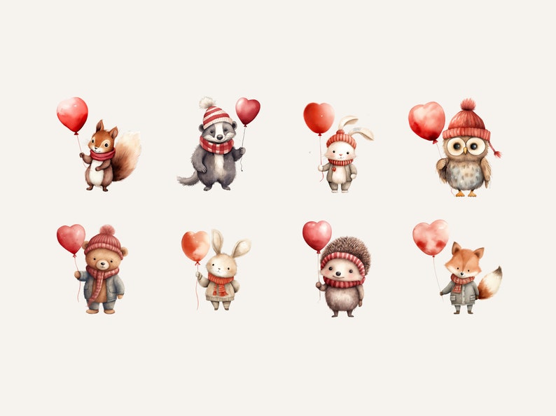 Valentine Woodland Clipart, Red Heart Balloons, Teddy Bear, Animals ...