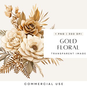 Gold Floral Clipart, Gold Christmas Decor, Greenery Clip Art, Golden ...