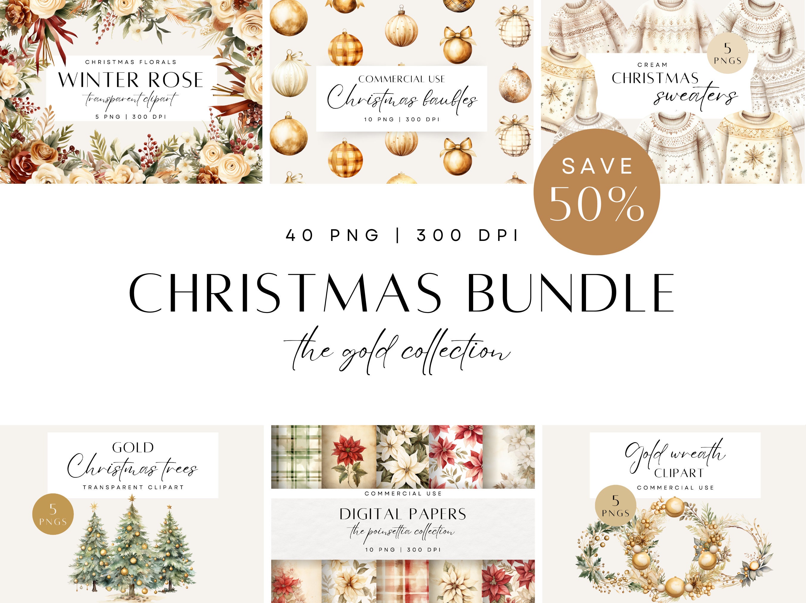 Christmas Mega Bundle Clipart PNG Gold Tree Watercolor - Etsy