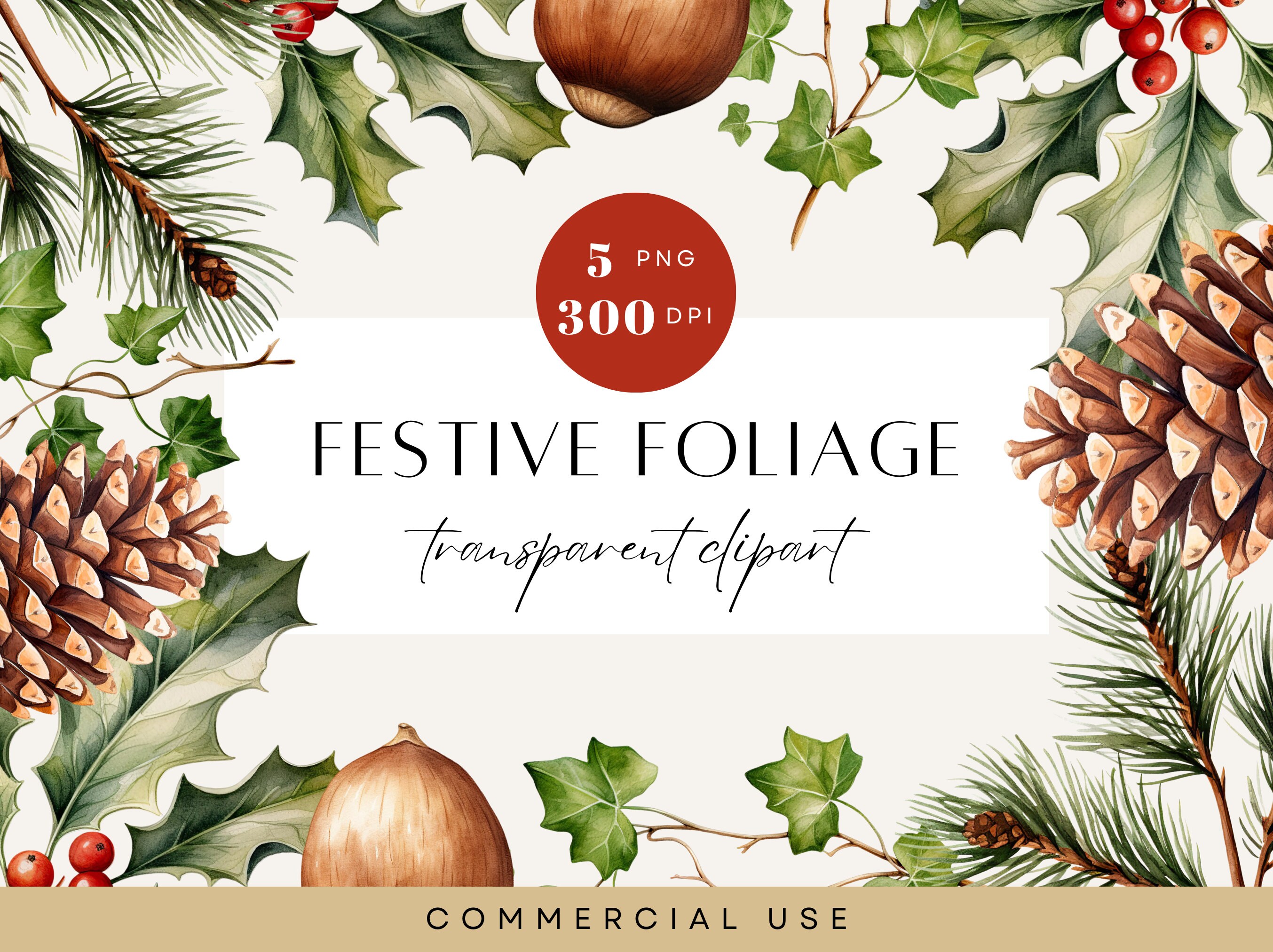 Christmas Foliage Clipart, Winter Greenery, Holly Leaves, Pine Cone ...