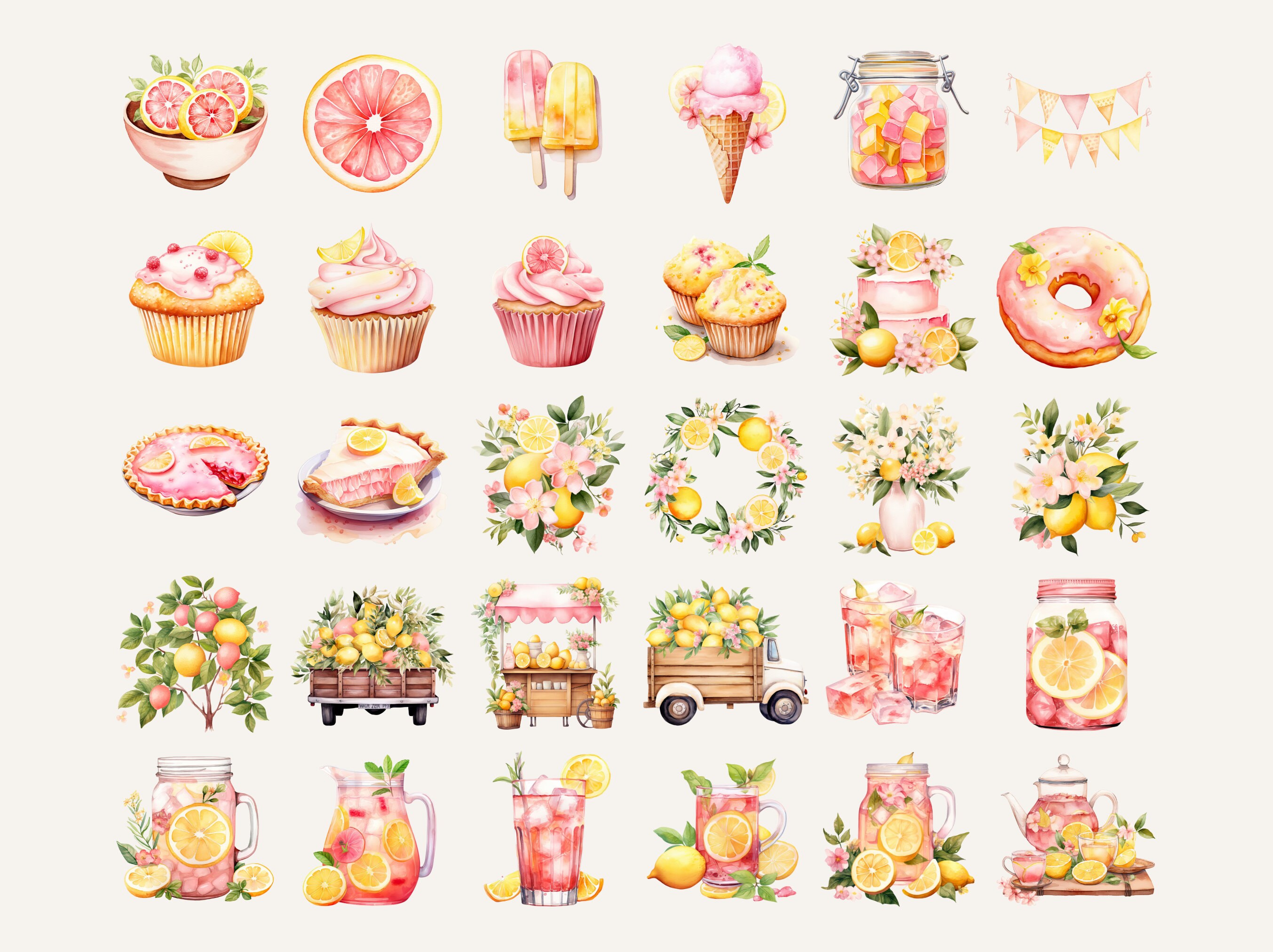 Pink Lemonade Clipart, Summer Party Cocktail, Yellow Floral, Sunshine ...