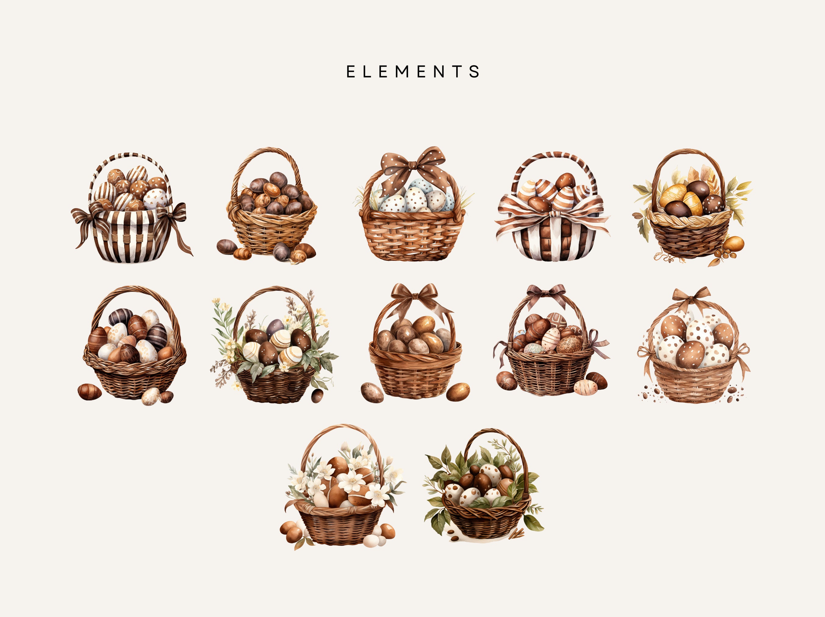 Watercolor Easter Baskets Clipart, Easter Bunny Basket, Egg Basket, Chocolate Easter Eggs ...