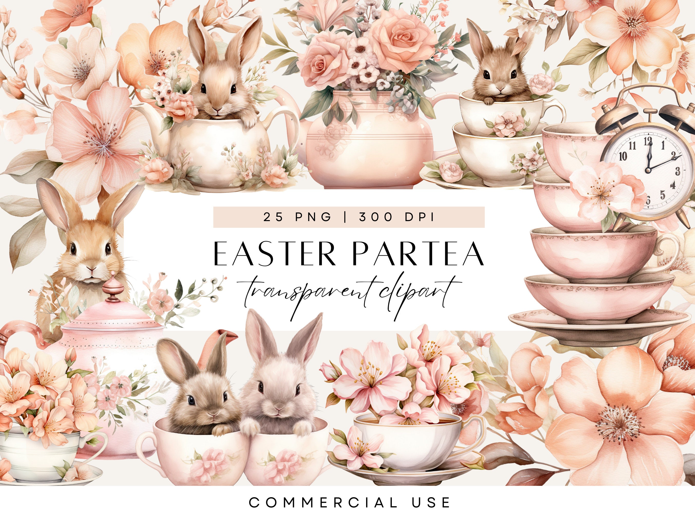Easter Tea Clipart, Cute Easter Bunny, Pink Tea Party, Easter Partea ...