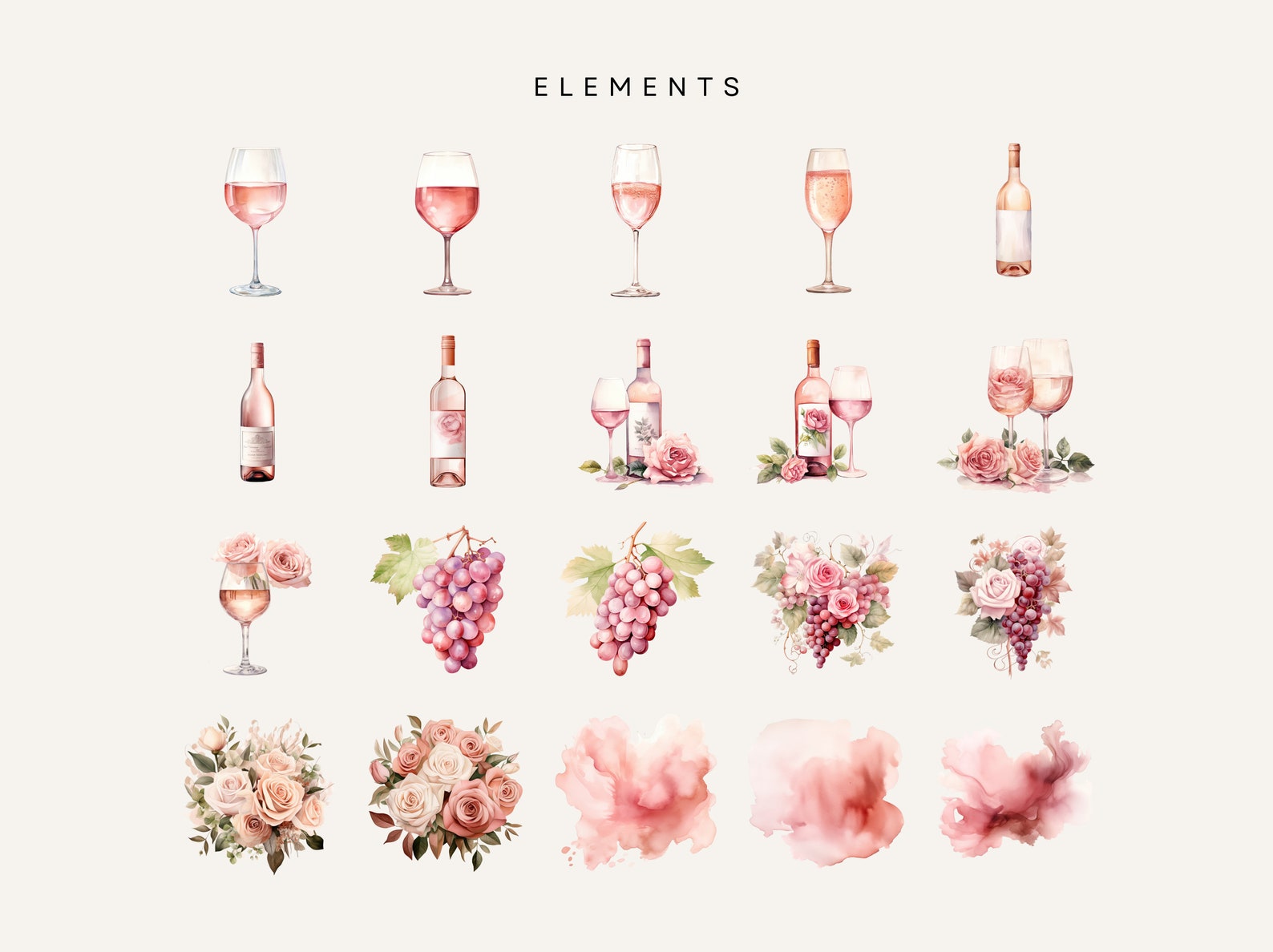 Rose Wine Clipart, Bottle Clip Art, Grapes, Watercolor Wash ...