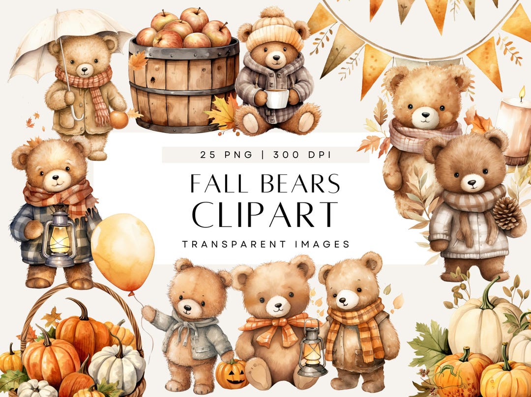 Fall Bear Clipart, Watercolor Baby Bear Clip Art, Autumn Basket Teddy ...