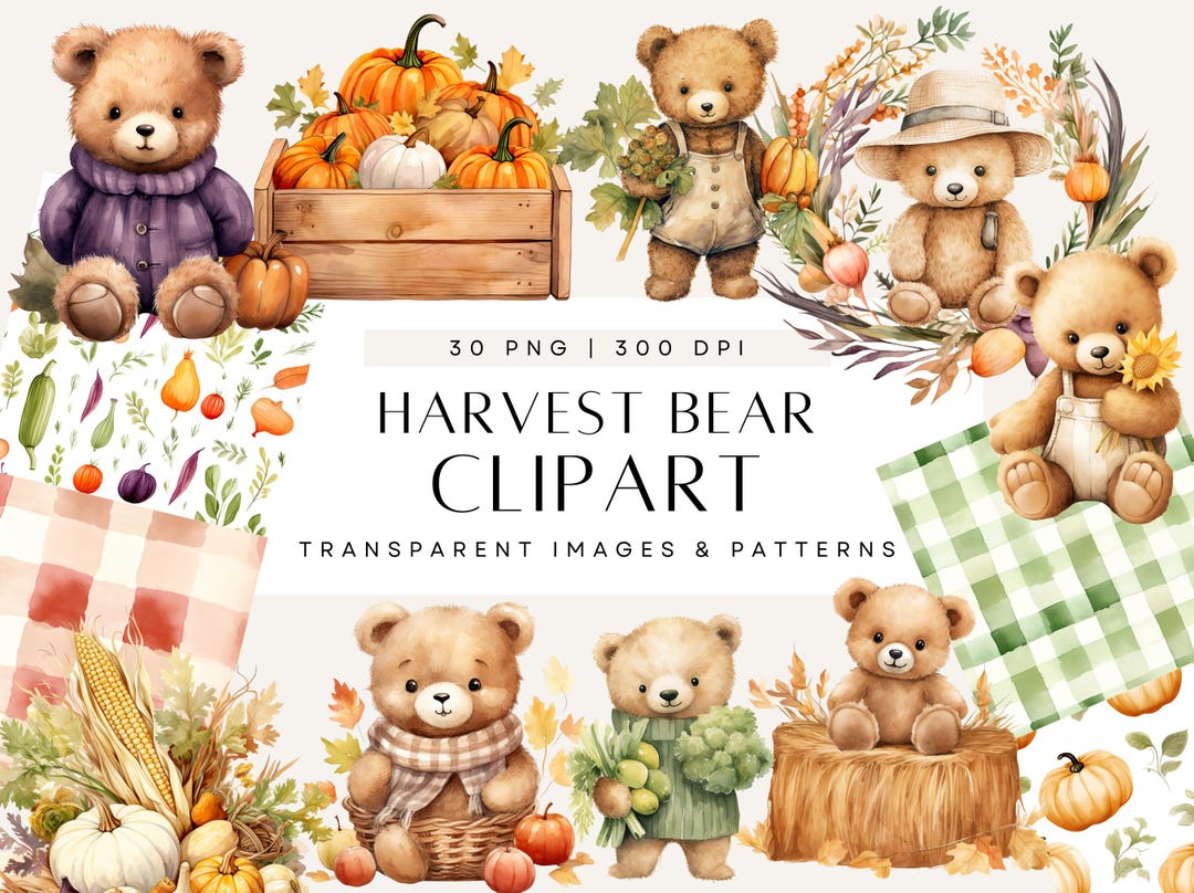 Fall Teddy Bear Clipart, Neutral Watercolor Clip Art, Gender Neutral ...