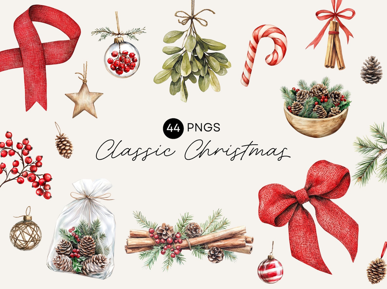 Classic Christmas Clipart, Winter Foliage Garland, Transparent Candy ...