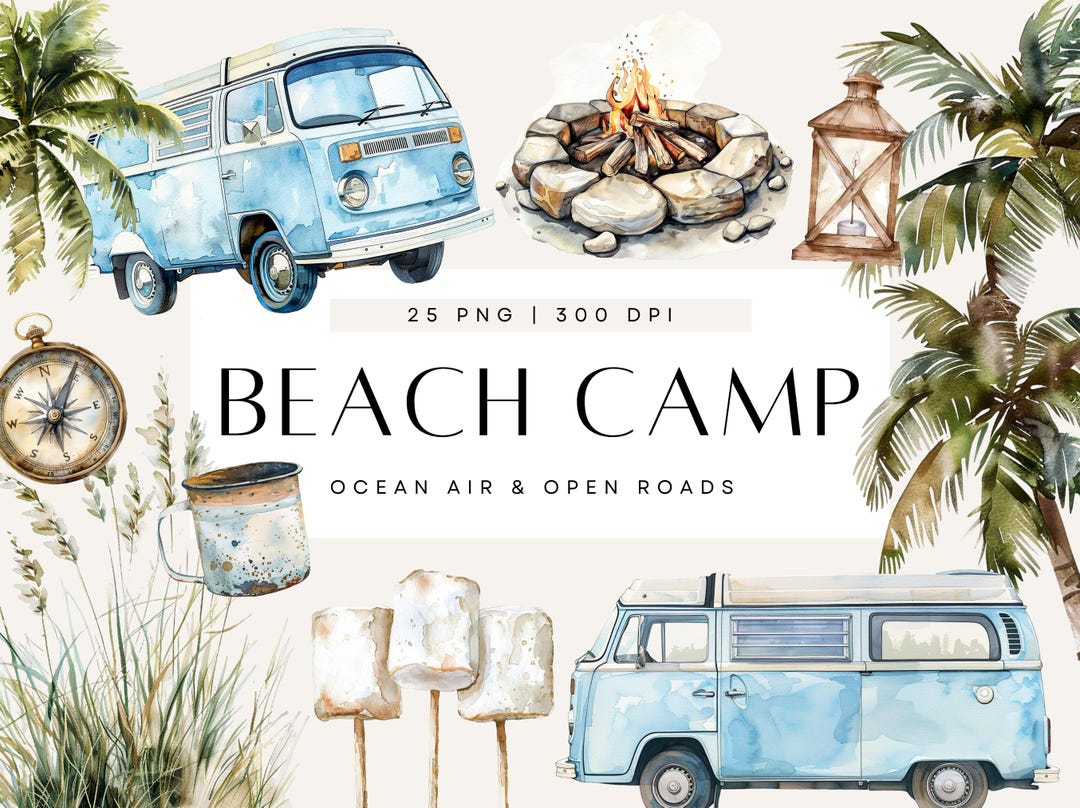 Happy Camper Clipart, Retro Hippie Campervan, Coastal Van Life, Summer ...