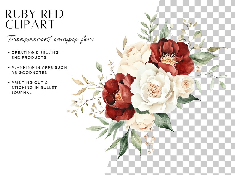Ruby Flower Clipart – Red & Cream Roses, Peonies, Bouquets, Wreaths and ...