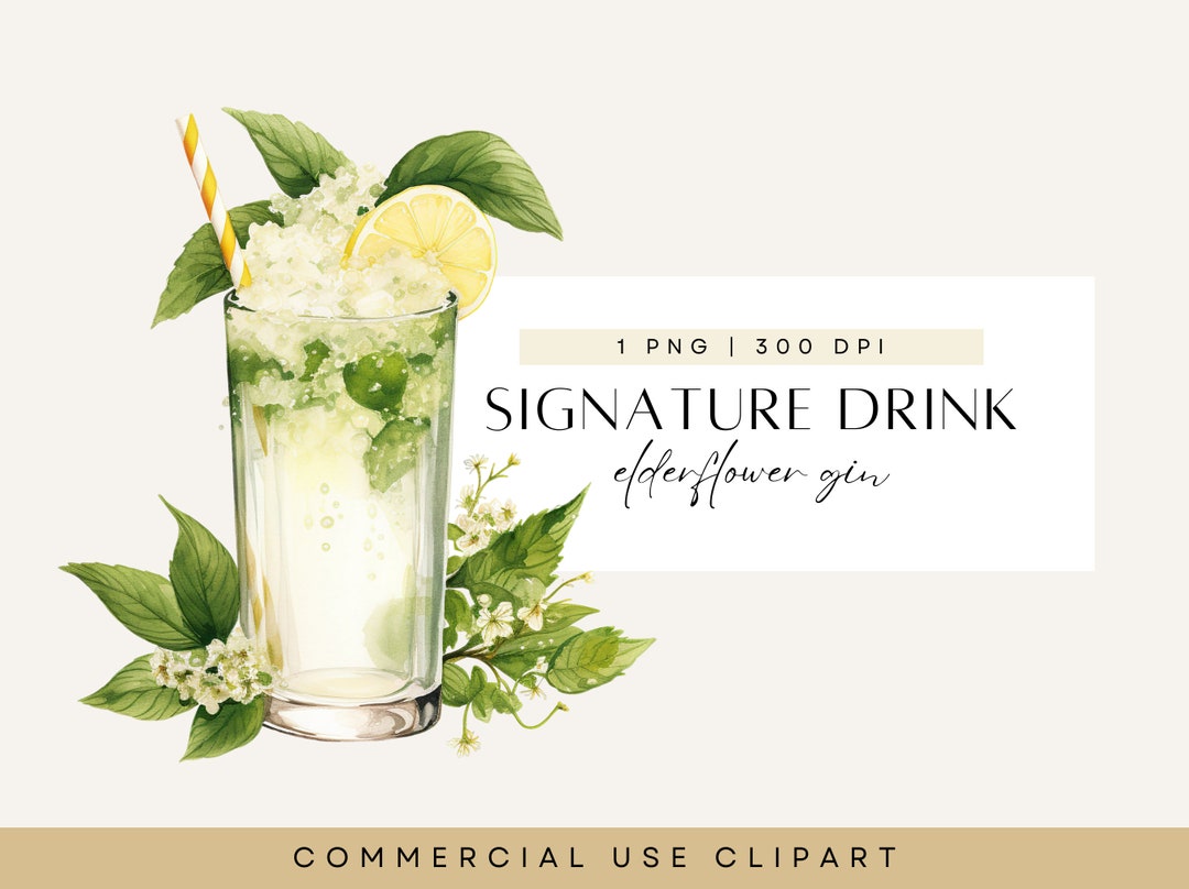 Signature Drink Clip Art, Gin Cocktail, Elderflower, Wedding Sign ...
