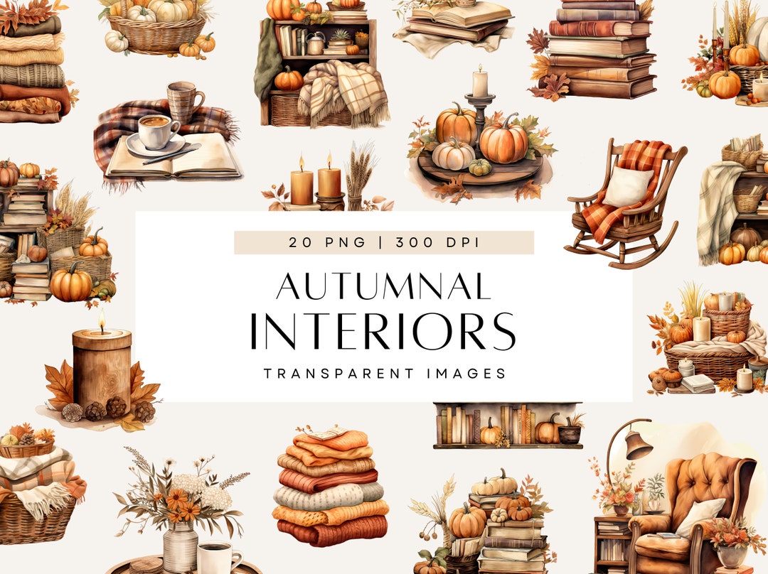 Watercolor Autumn Decor Clipart, Fall Home Fall Decor, Clipart Bundle ...