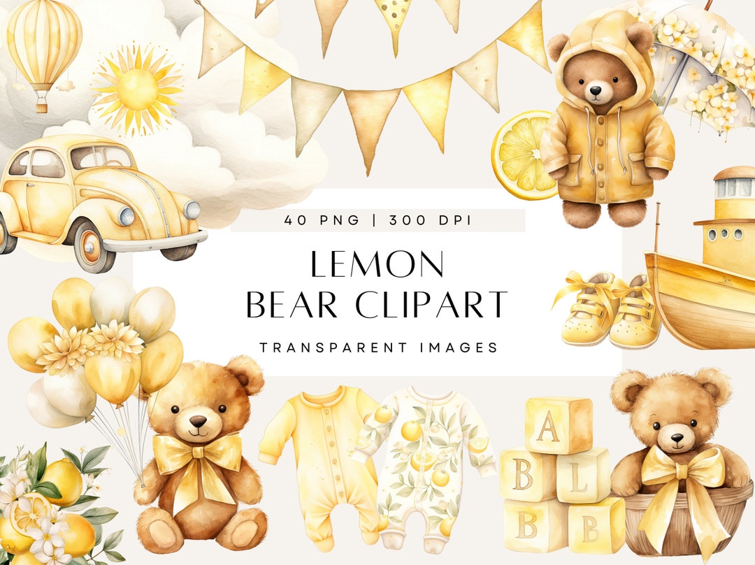 Watercolor Teddy Bear Clip Art Clipart Pack, Lemon Yellow Baby Shower ...