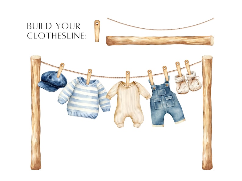 Baby Boy Clothesline Clipart - Blue Clothes Baby Shower, Cute Children ...