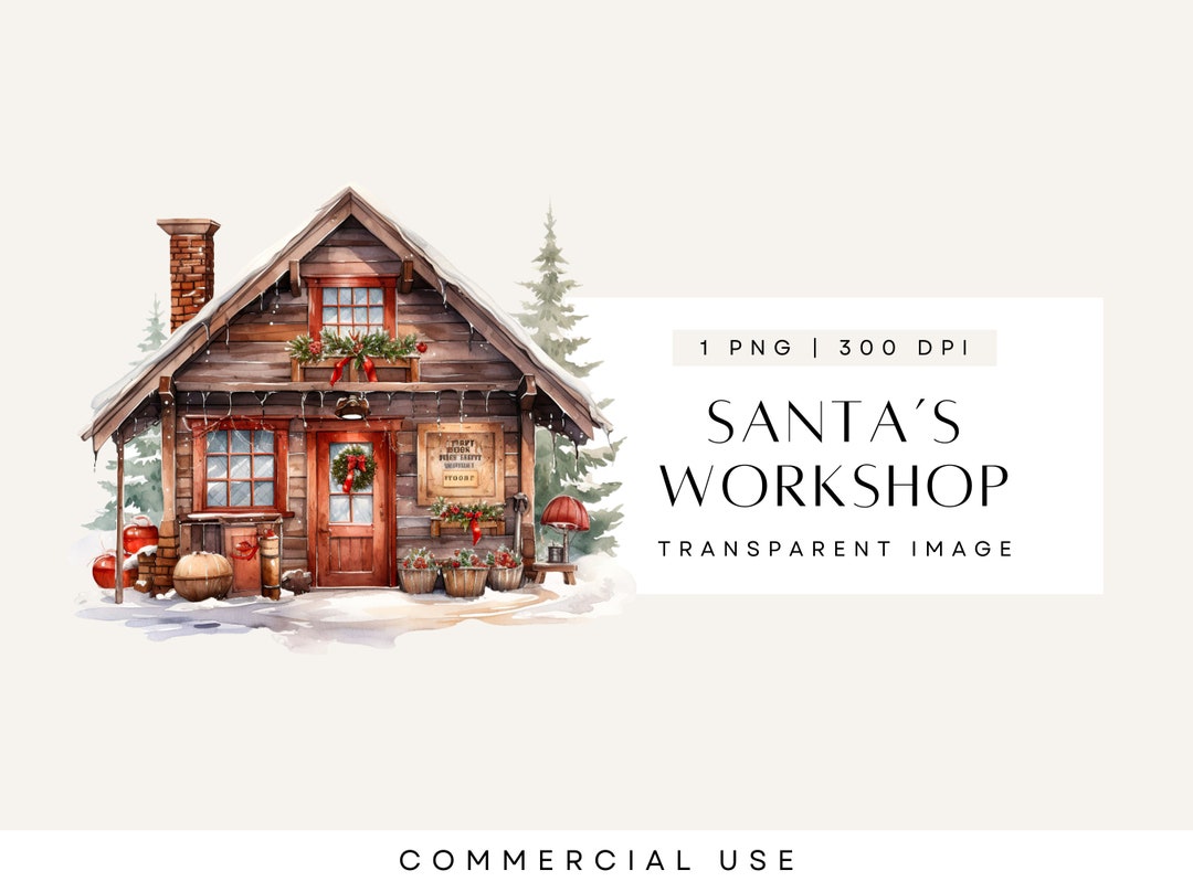 Santa Workshop Clipart, Cute Christmas Clip Art, Winter Cabin, Xmas ...