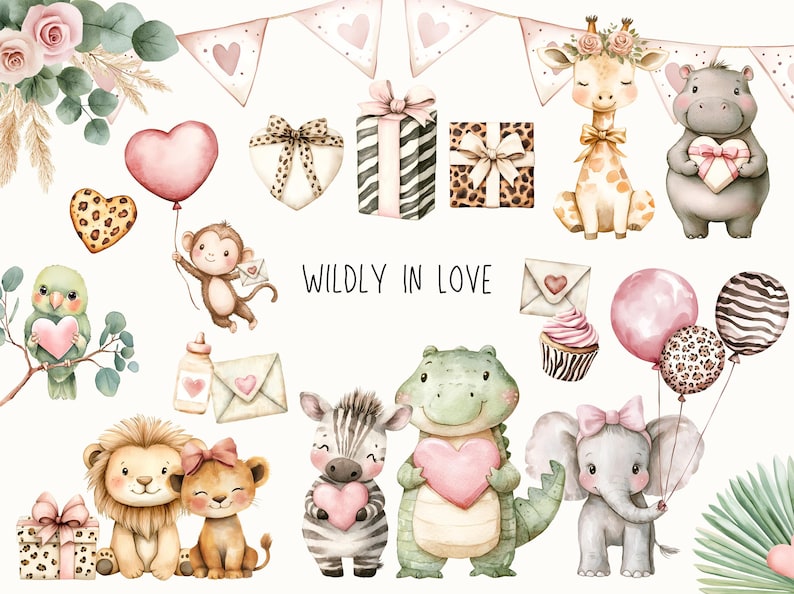 Valentine’s Safari Animals Clipart | Cute Jungle Animal Clip Art, Wild ...
