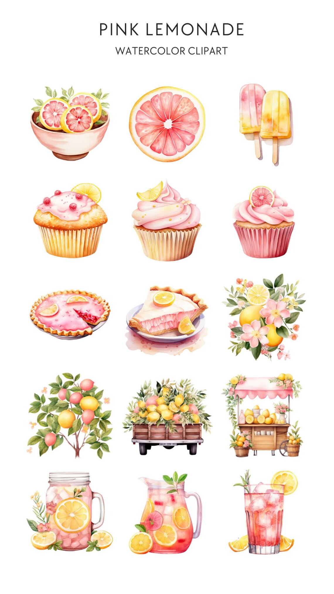 Pink Lemonade Clipart, Summer Party Cocktail, Yellow Floral, Sunshine ...