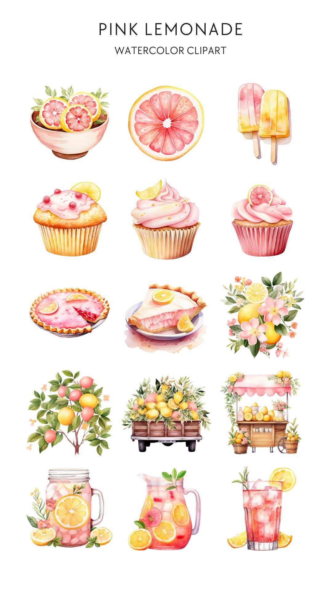 Pink Lemonade Clipart, Summer Party Cocktail, Yellow Floral, Sunshine ...