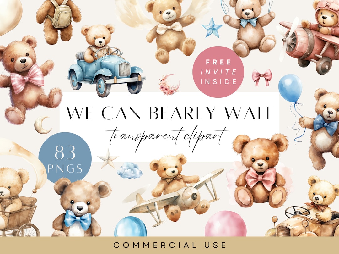 We Can Bearly Wait Clipart, Baby Shower Invitation Art, Watercolor Teddy Bear, Teddies, Balloons ...