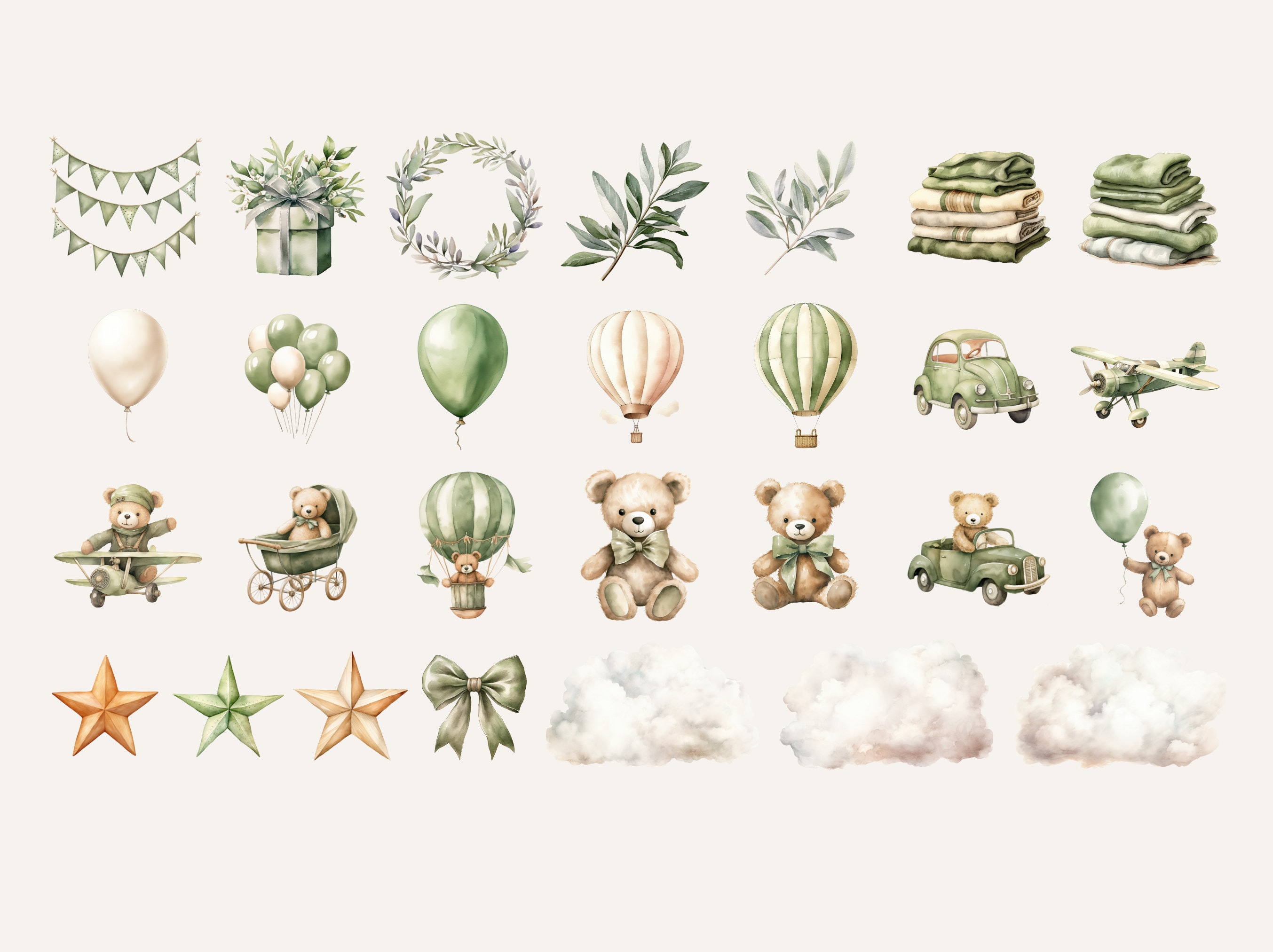 Sage Green Baby Shower Clipart, Gender Neutral Teddy Bear, Bear With ...