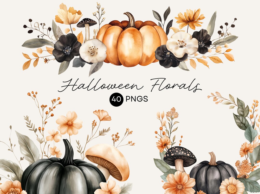 Pumpkins and Flowers Watercolor Autumn Clipart - Cottagecore Mushroom ...