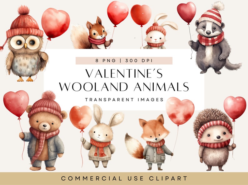 Valentine Woodland Clipart, Red Heart Balloons, Teddy Bear, Animals ...