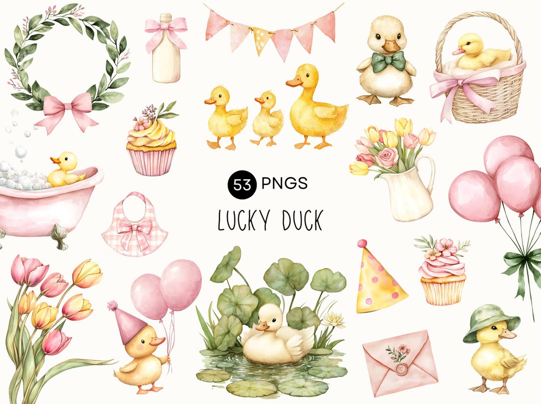 One Lucky Duck Clipart | Yellow & Pink Duckling, Adorable Ducks Baby ...