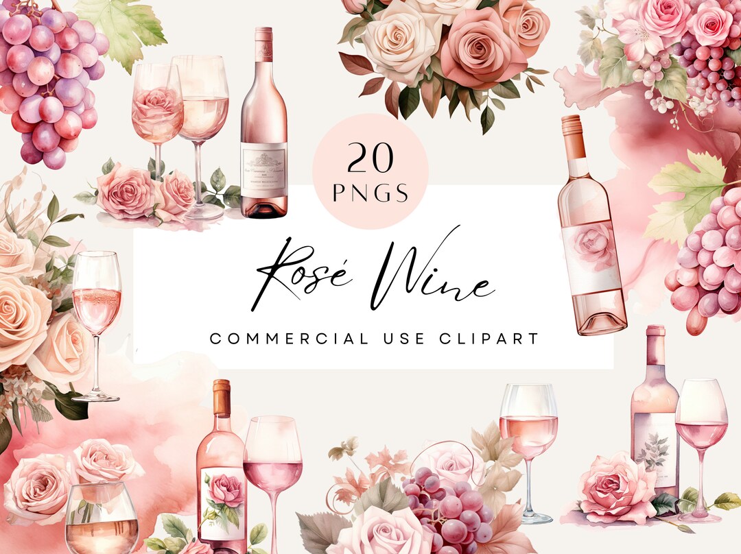 Rose Wine Clipart, Bottle Clip Art, Grapes, Watercolor Wash ...