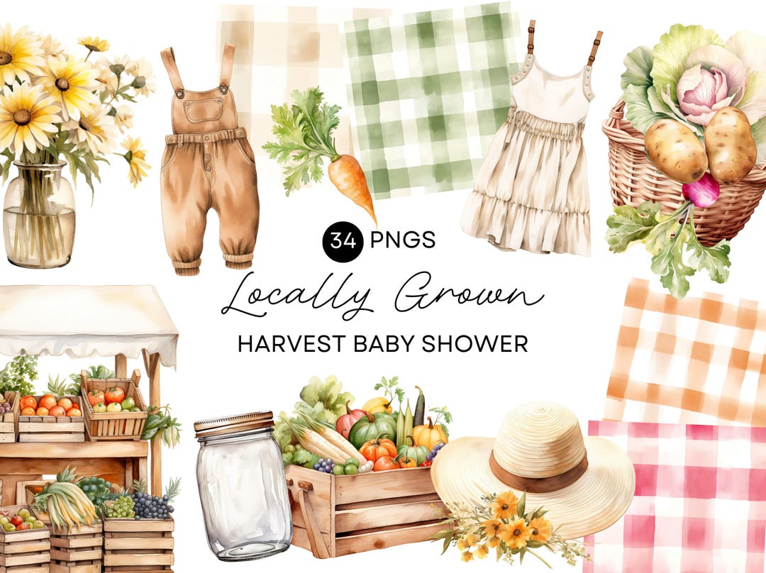 Locally Grown Baby Shower, Watercolor Farmers Market Clipart, Harvest ...