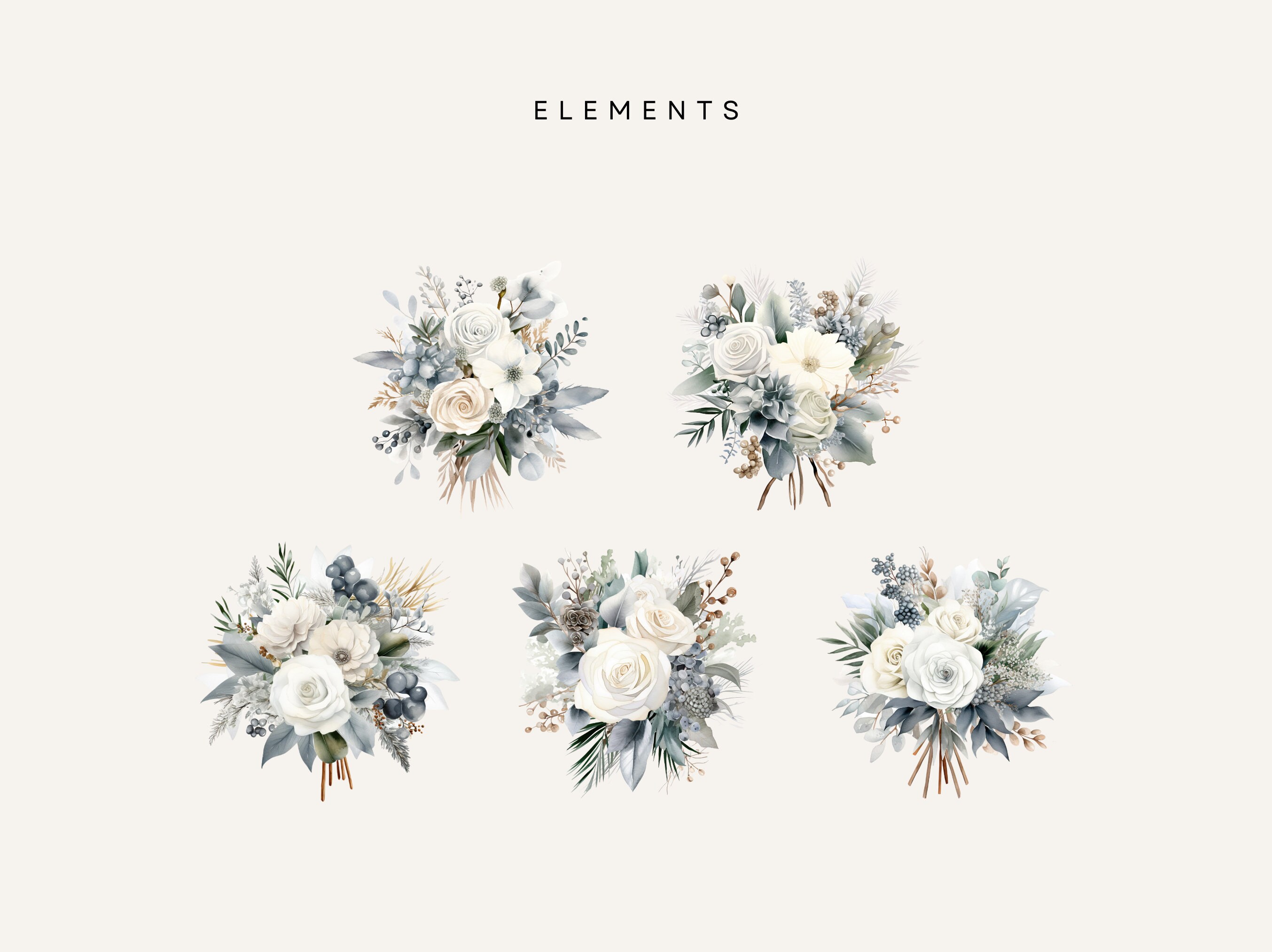 Dusty Blue Floral Clipart White Rose Foliage Flower - Etsy