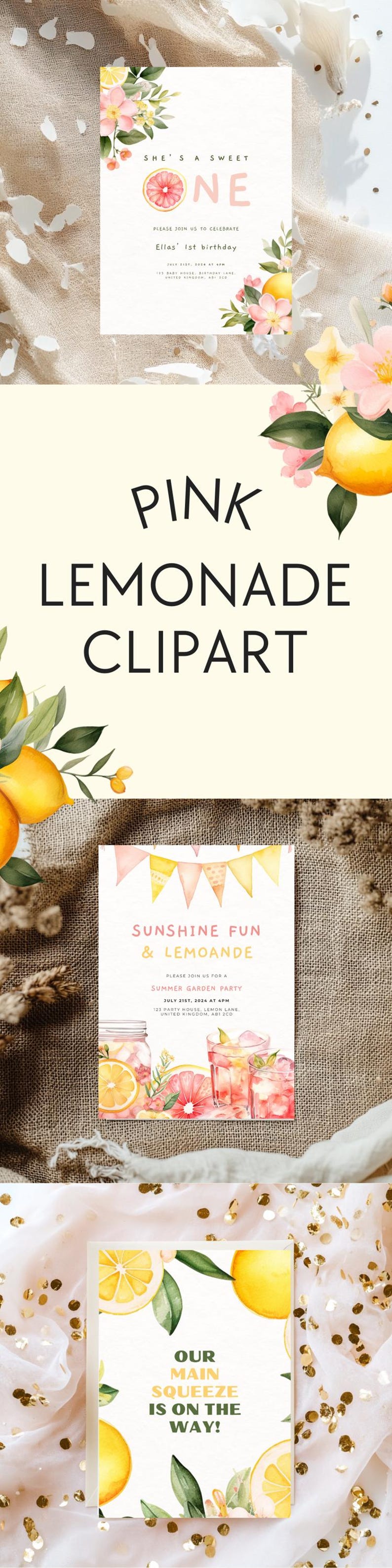 Pink Lemonade Clipart, Summer Party Cocktail, Yellow Floral, Sunshine ...