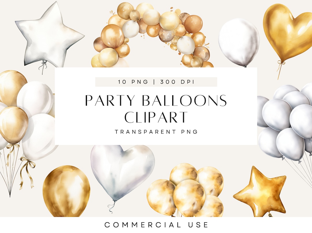 Gold and White Balloons Clipart, Watercolor Balloon Clip Art, Bunch ...