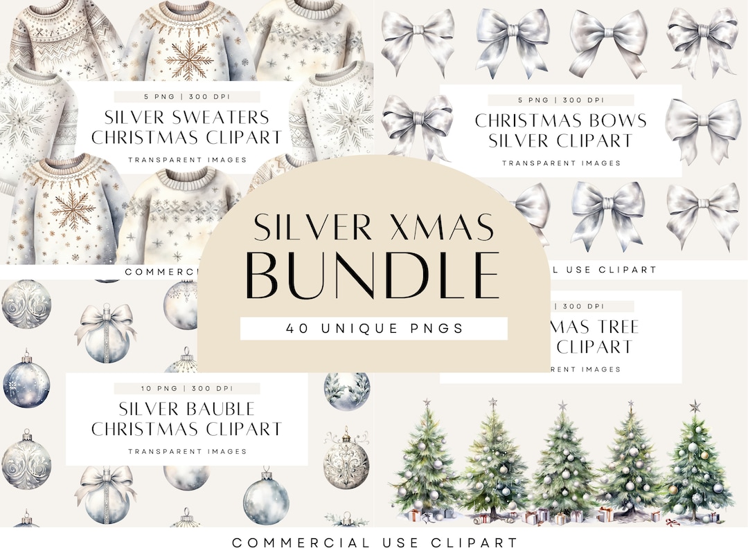 Festive Christmas Clipart Bundle, Christmas Mega Bundle Clipart, Silver ...