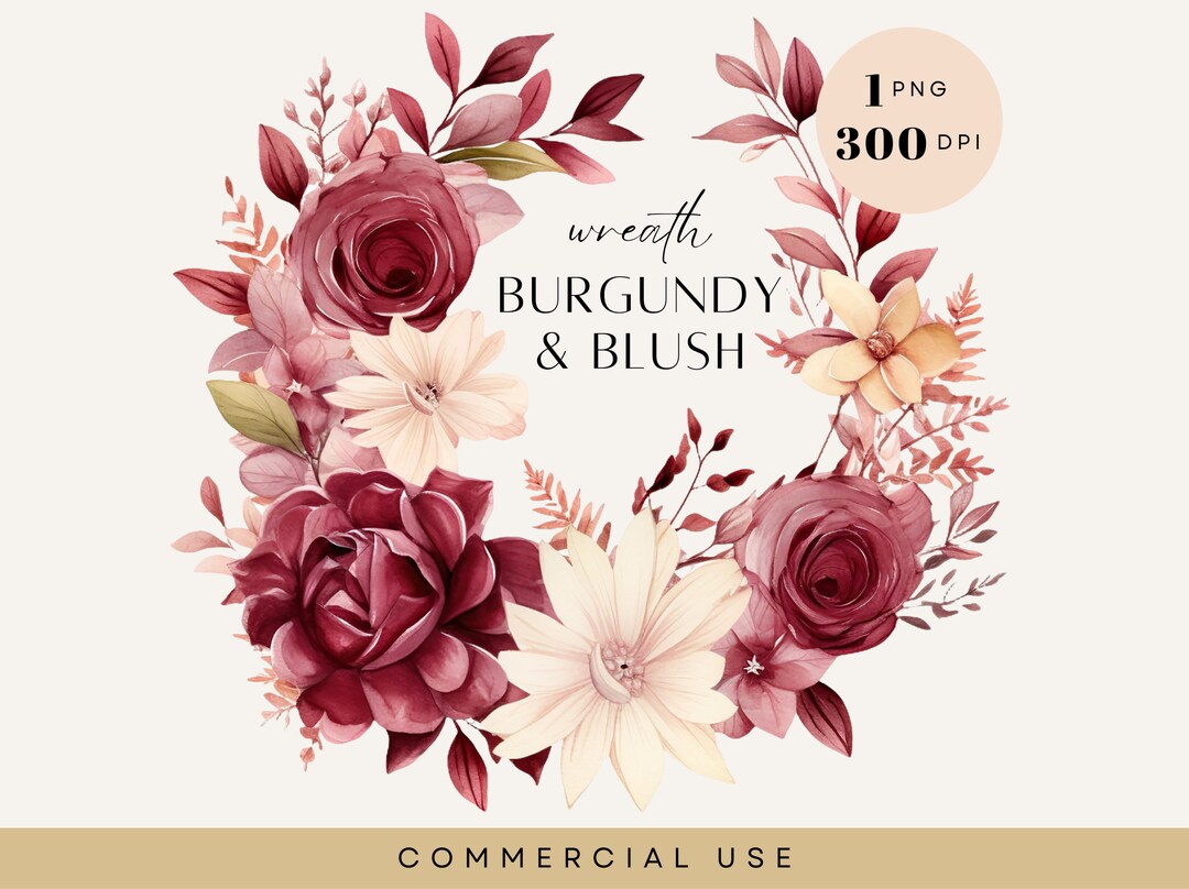 Winter Floral Wreath Clipart, Blush and Burgundy Clip Art, Watercolor ...