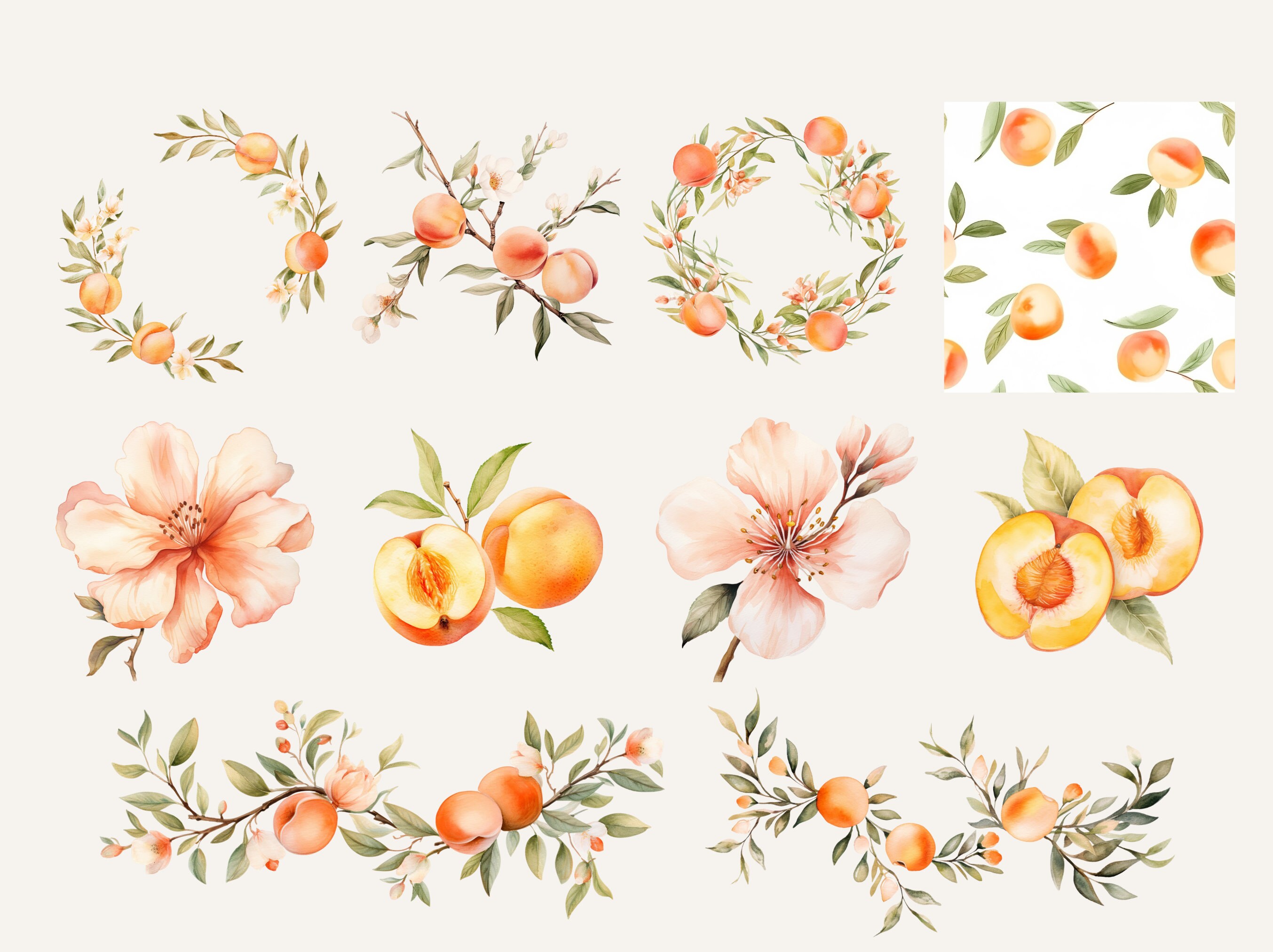 Peach Watercolor Clipart, Peach Floral Greenery, Watercolor Peaches ...
