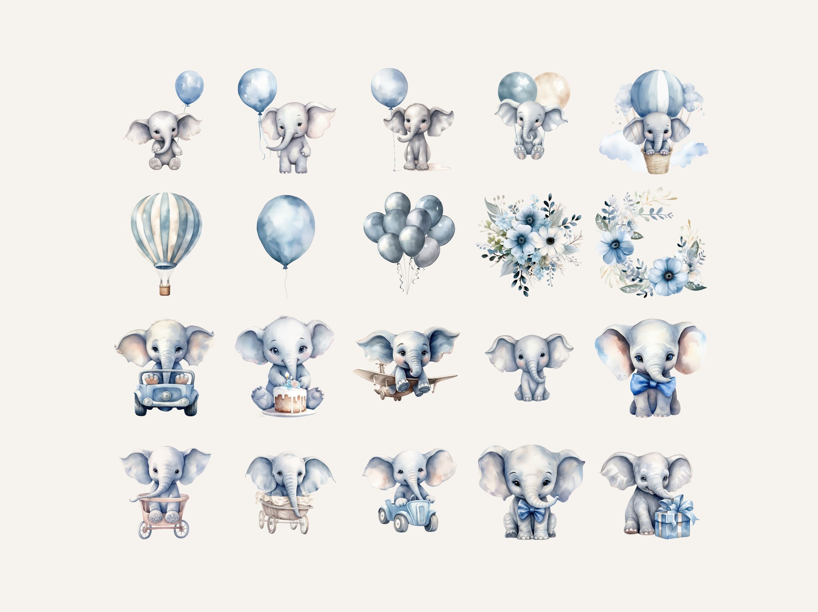 Baby Boy Elephant Clipart, Elephant With Balloon, Baby Shower for a Boy ...