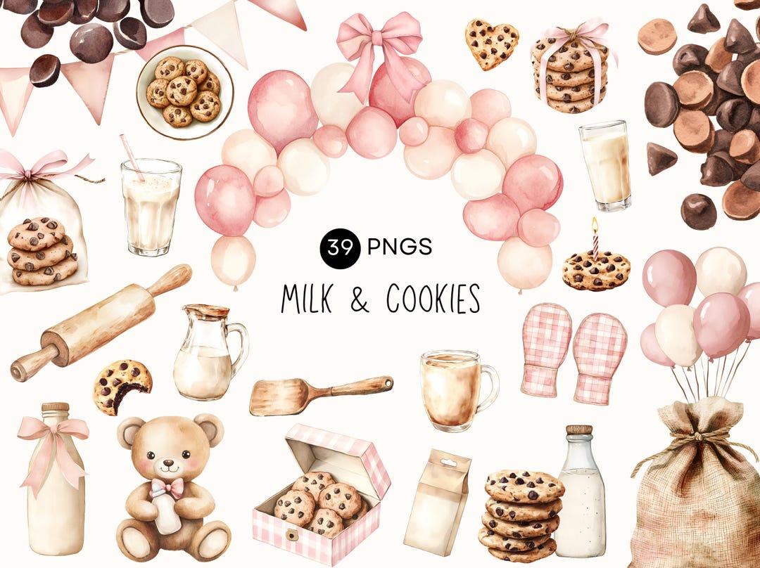 Milk and Cookies Clipart | Twins Baby Shower Decor, Pink Cookie Party ...