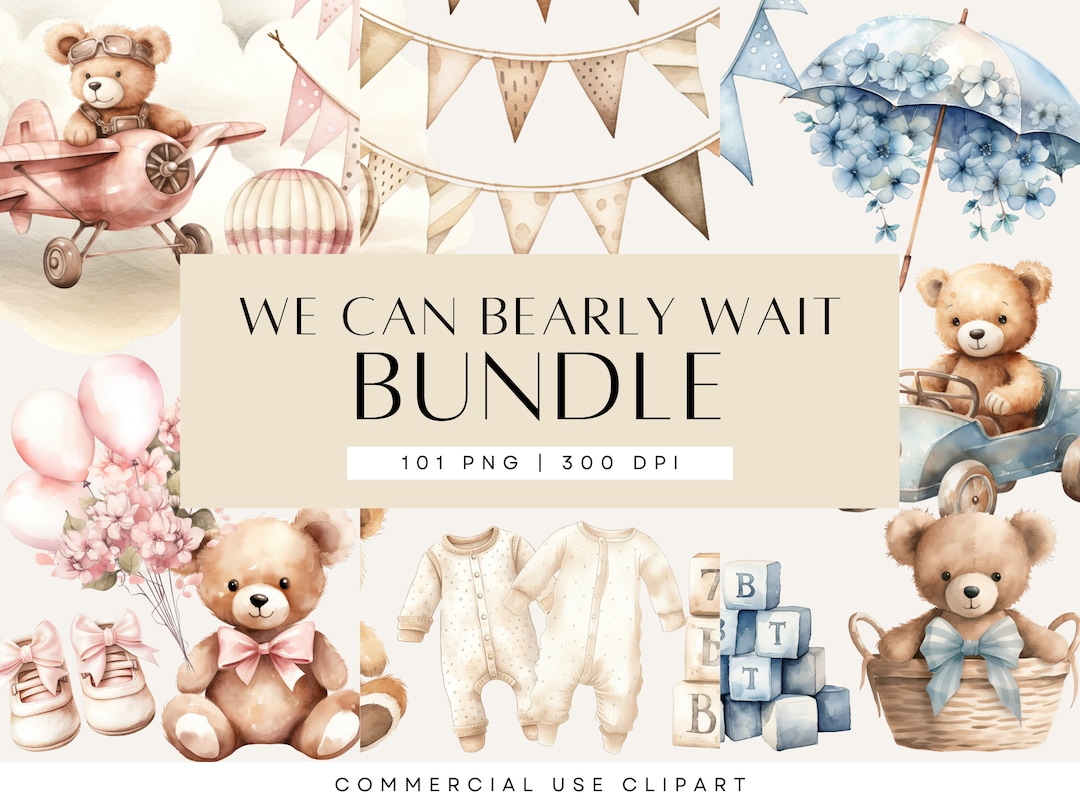 We Can Bearly Wait Clipart, Baby Shower Invitation Art, Watercolor Teddy Bear, Teddies, Balloons ...
