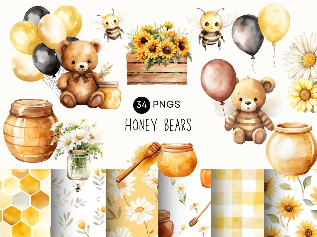 Honey Bear Watercolor Digital Clipart, Bear and Bee Baby Shower Clip ...