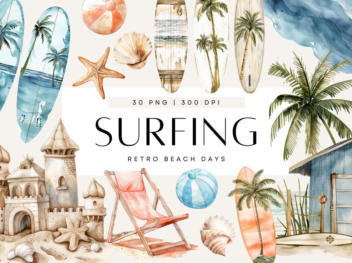 Retro Surf Clipart, the Big One Birthday Surfboard, Surfs Up, Summer ...