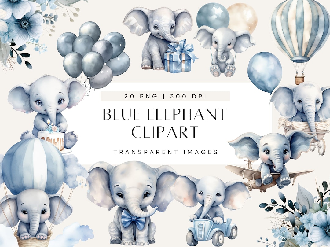 Baby Boy Elephant Clipart, Elephant With Balloon, Baby Shower for a Boy ...