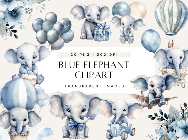 Baby Boy Elephant Clipart, Elephant With Balloon, Baby Shower for a Boy ...