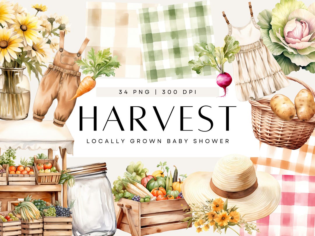 Locally Grown Baby Shower, Watercolor Farmers Market Clipart, Harvest ...