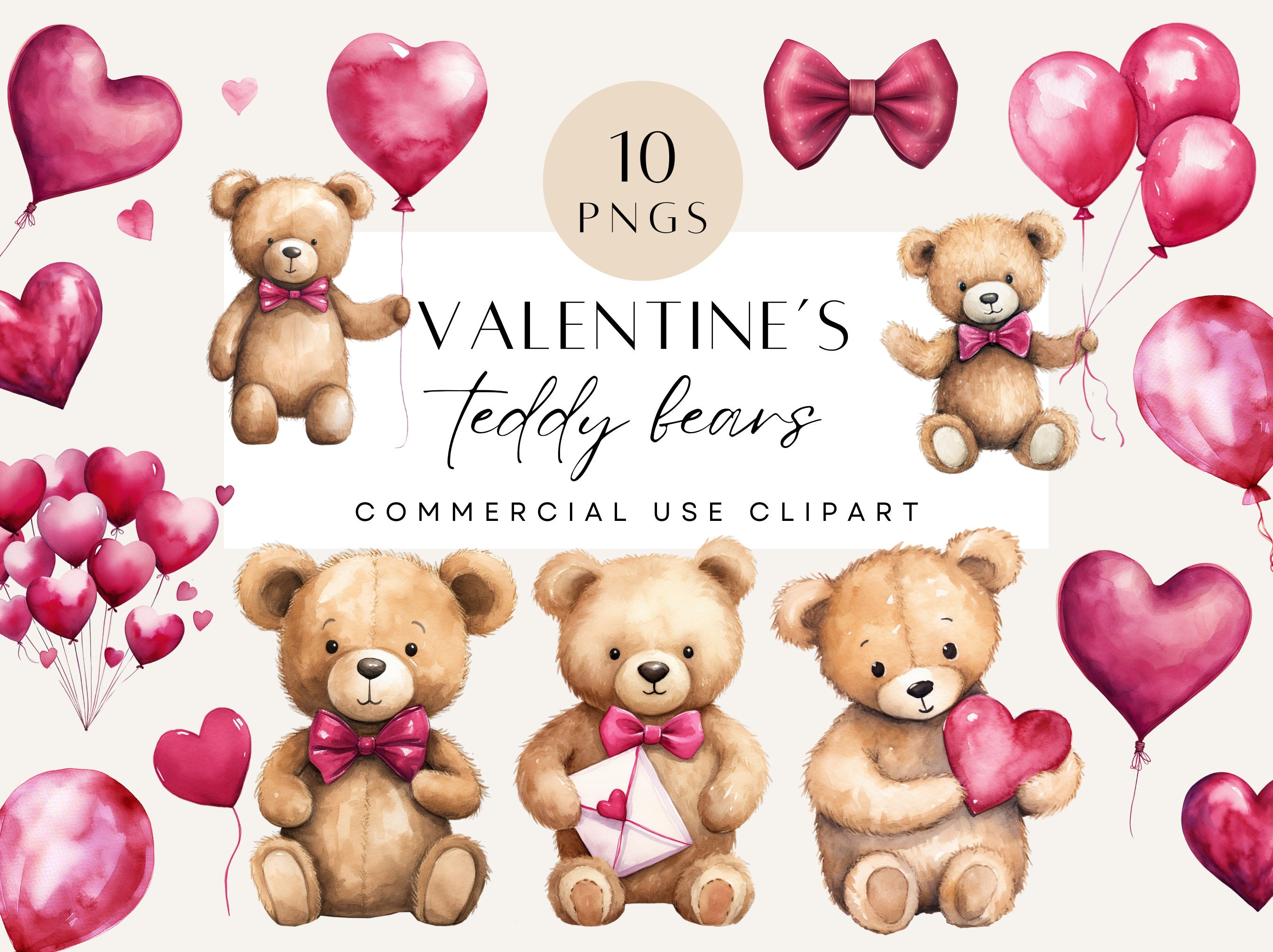 Valentine's Bear Clipart, Pink Heart Balloons, Teddy Bears, Love Letter ...
