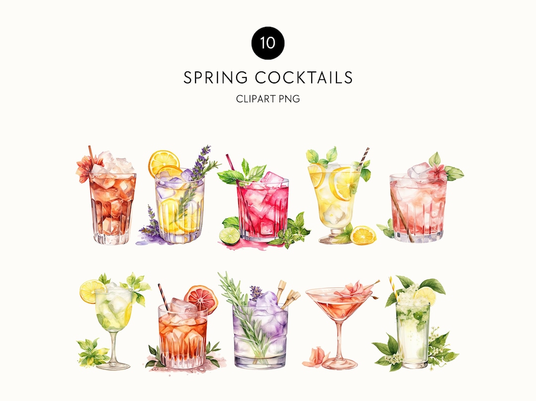 Watercolour Cocktail Clipart, Spring Time, Garden Party, Wedding Drink ...